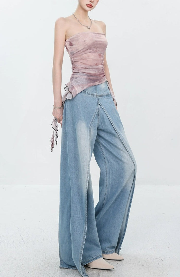 Tie-Dye Ruffled Mesh Tulle Tube Top