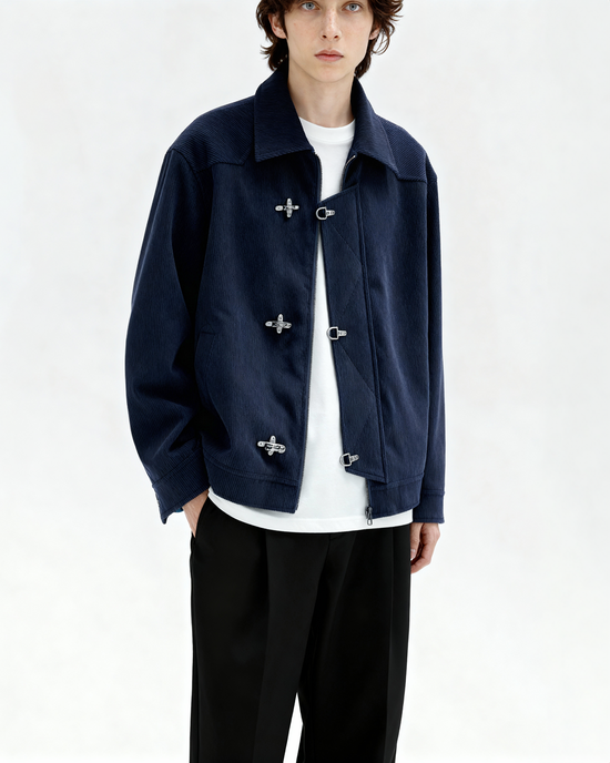 Fireman Clasp-Buckle Corduroy Collared Jacket