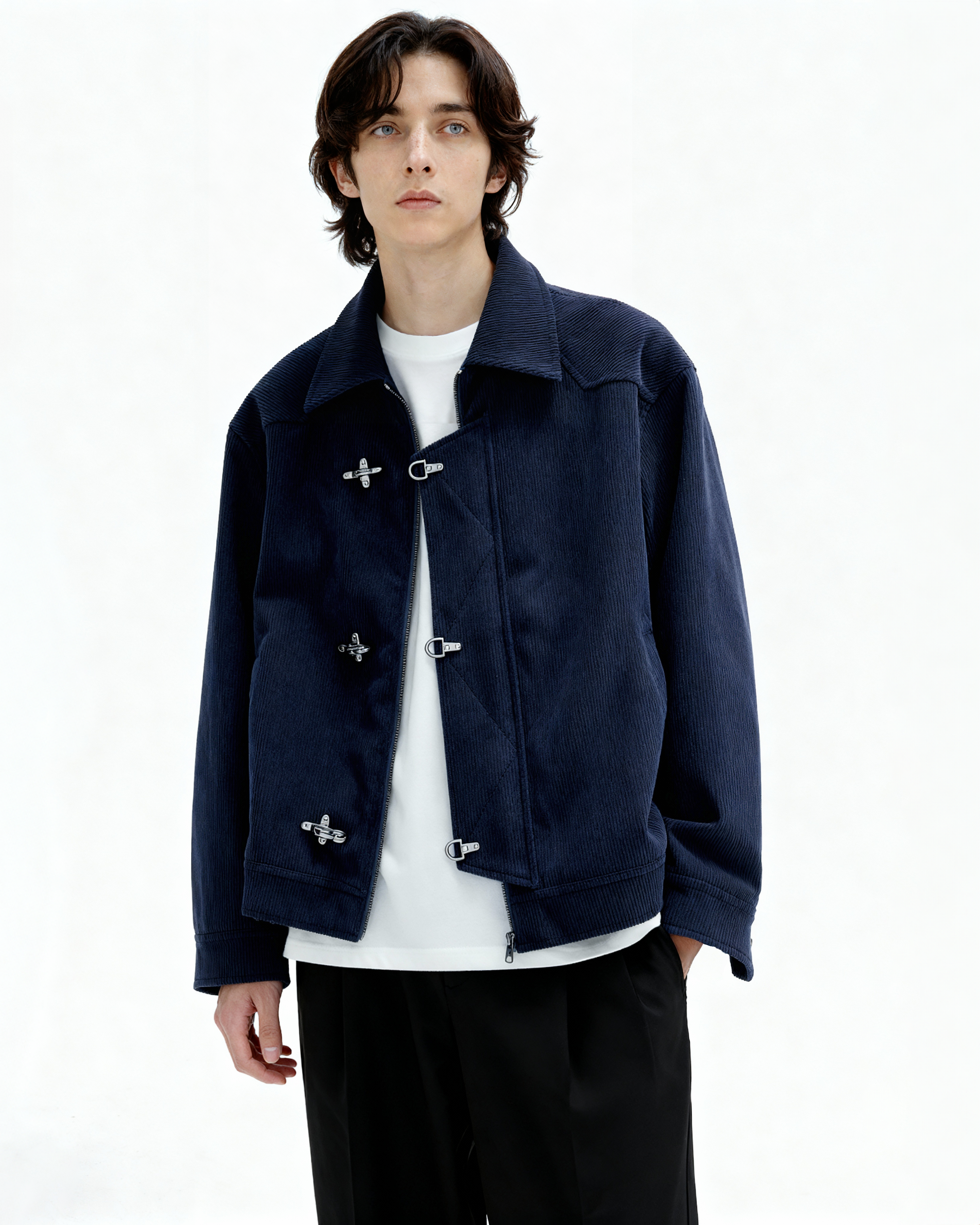 Fireman Clasp-Buckle Corduroy Collared Jacket