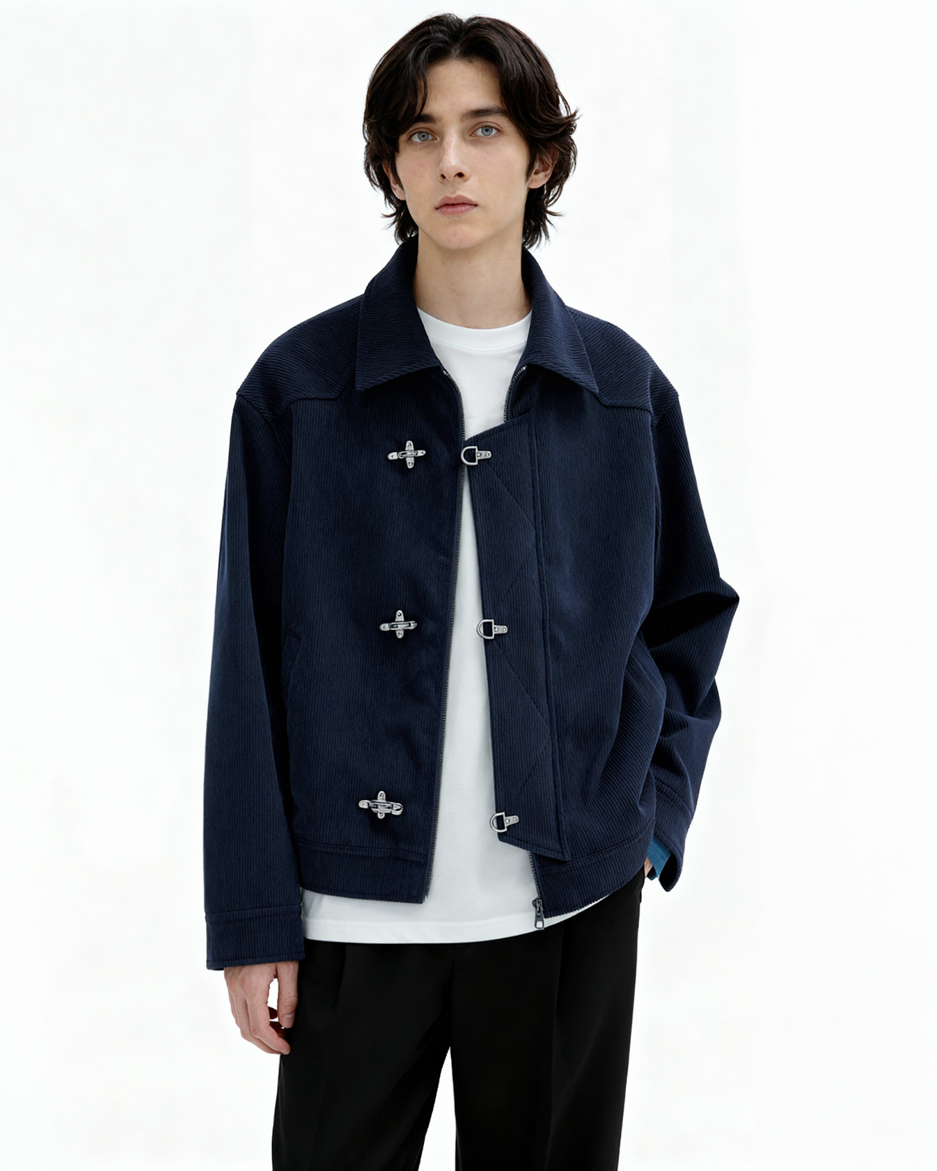 Fireman Clasp-Buckle Corduroy Collared Jacket