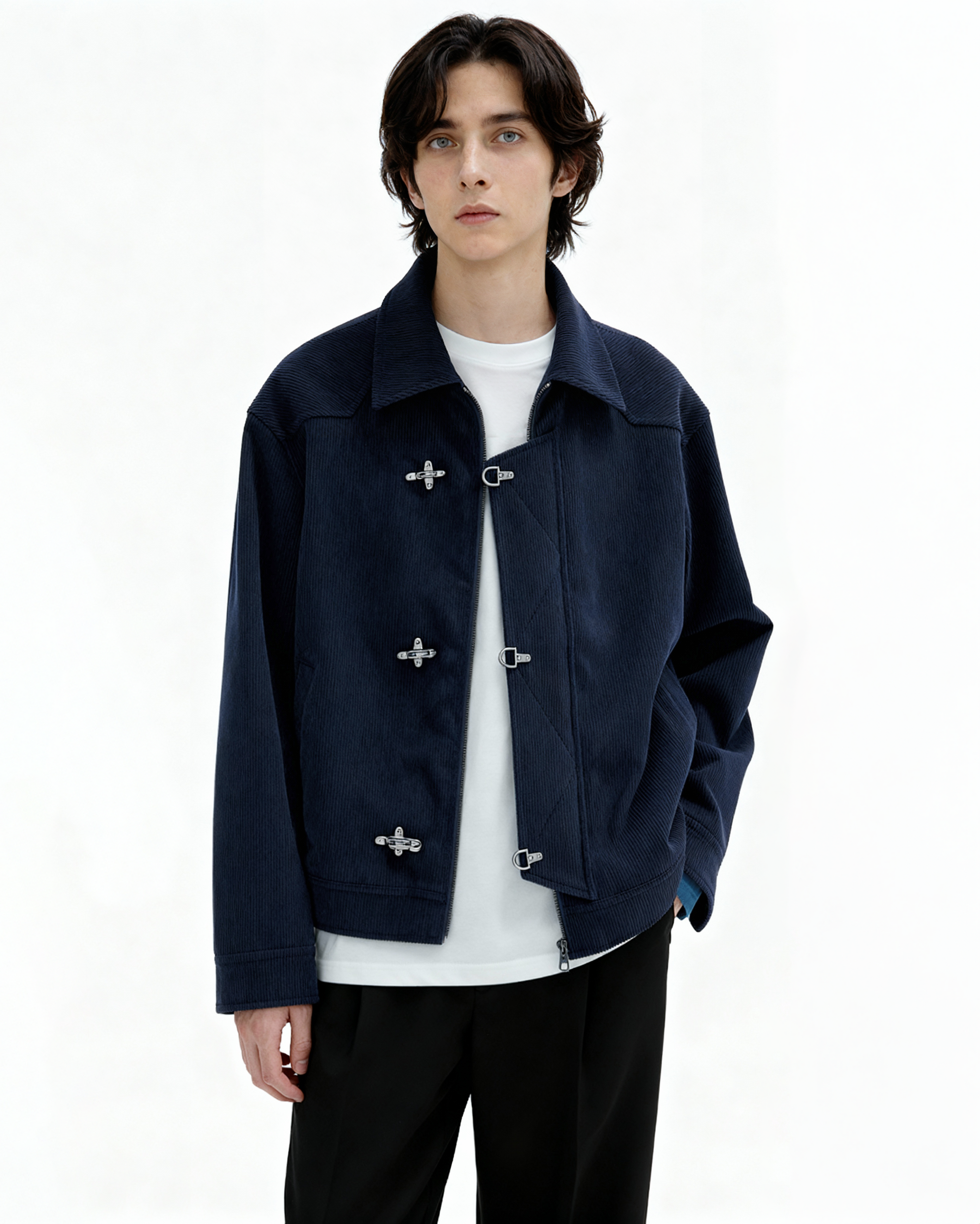 Fireman Clasp-Buckle Corduroy Collared Jacket