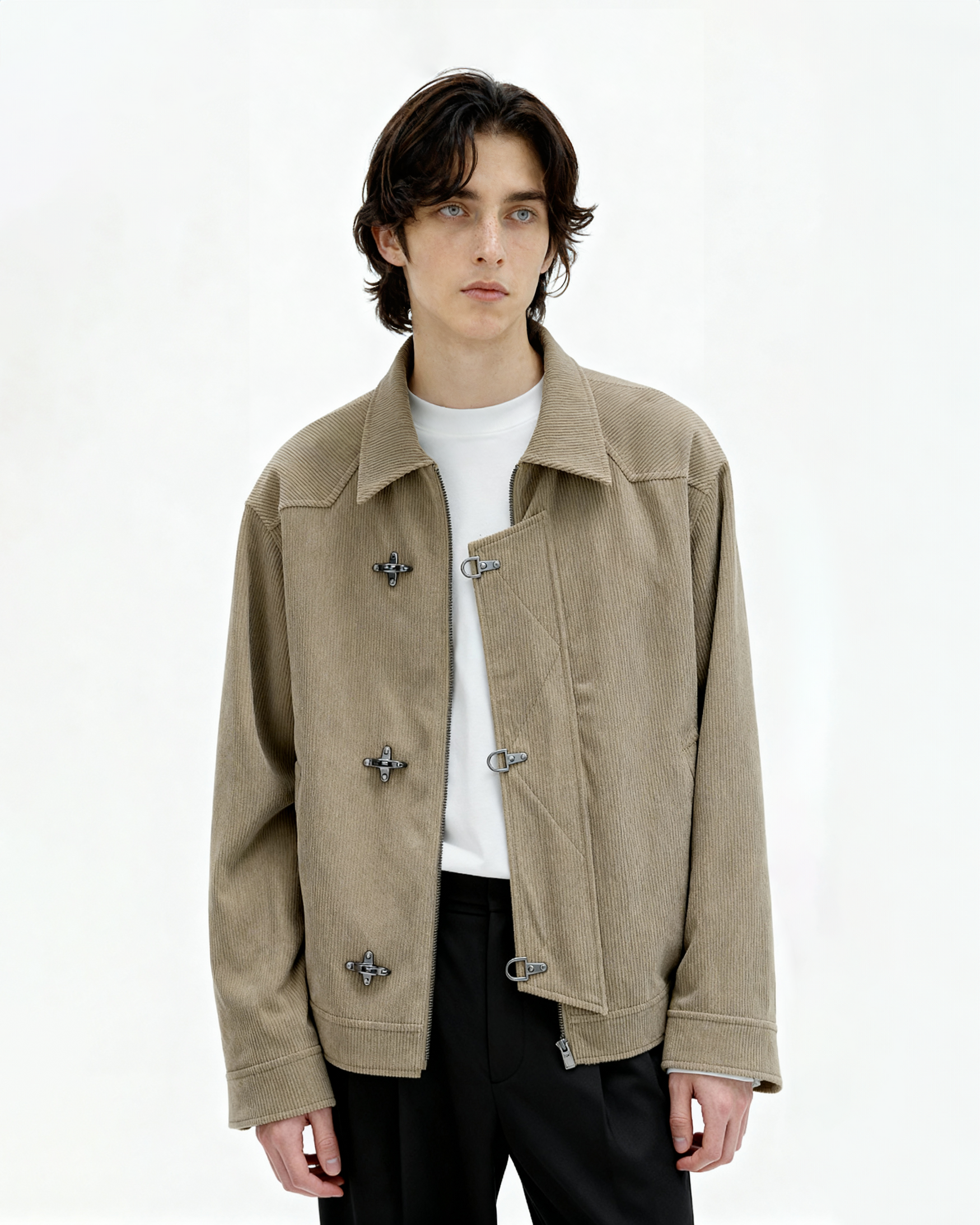 Fireman Clasp-Buckle Corduroy Collared Jacket