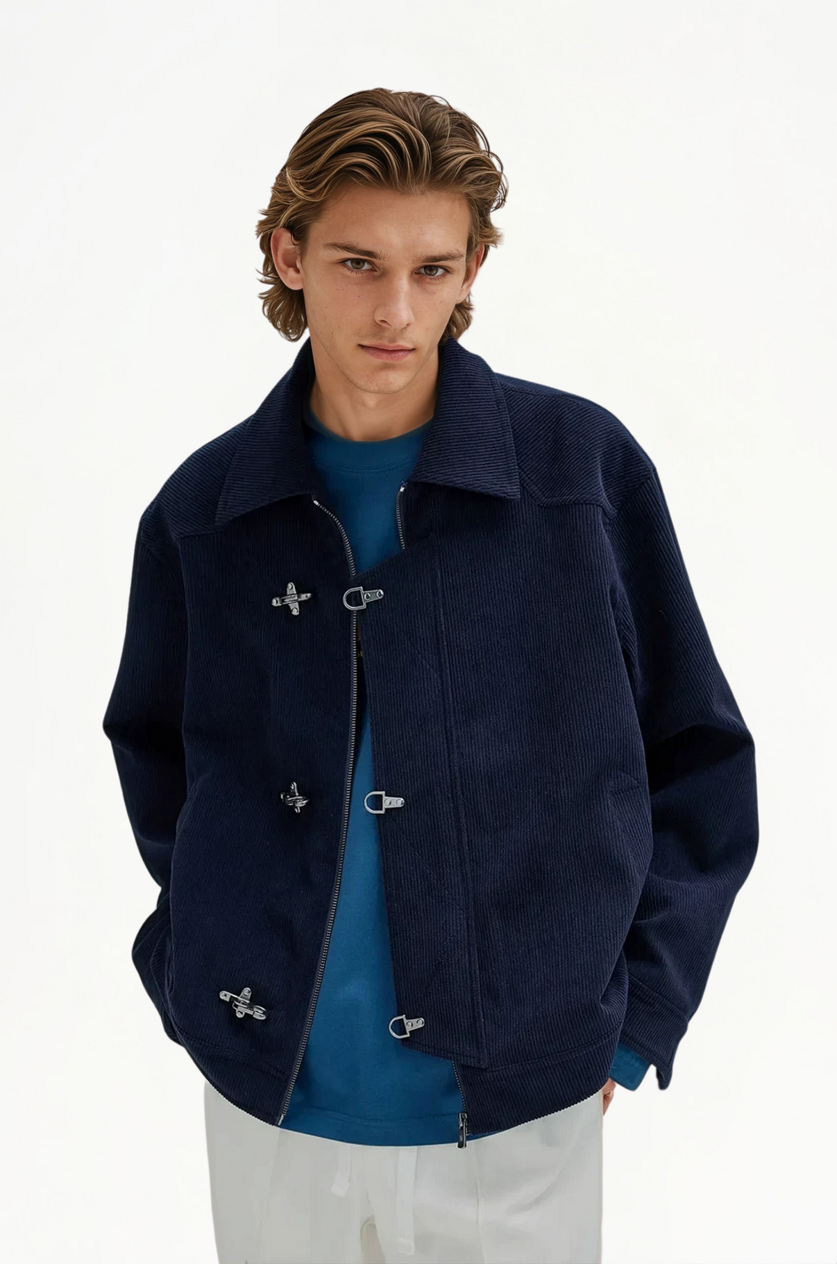 Fireman Clasp-Buckle Corduroy Collared Jacket