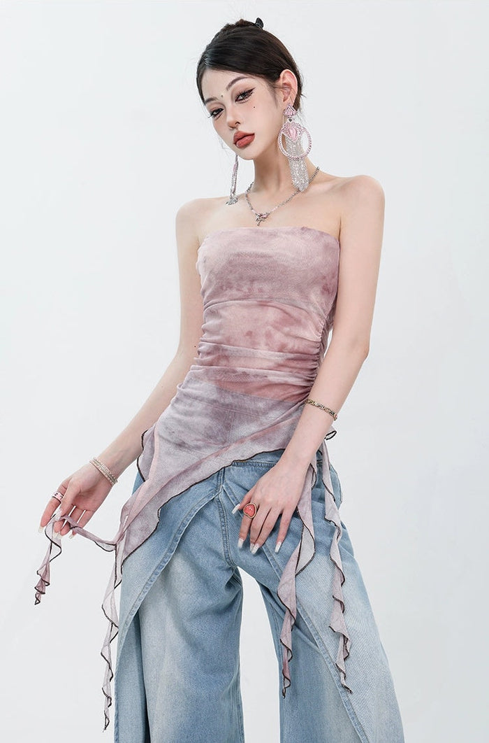 Tie-Dye Ruffled Mesh Tulle Tube Top