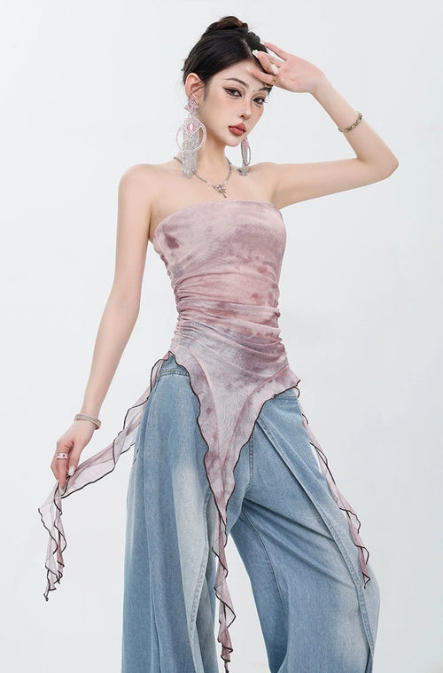 Tie-Dye Ruffled Mesh Tulle Tube Top