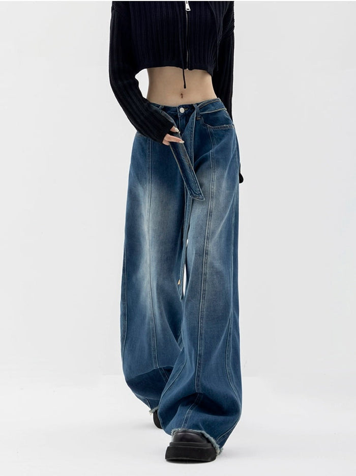Faded Wide Leg Distressed Hem Belted Jeans
