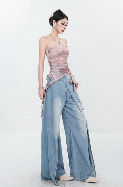 Tie-Dye Ruffled Mesh Tulle Tube Top