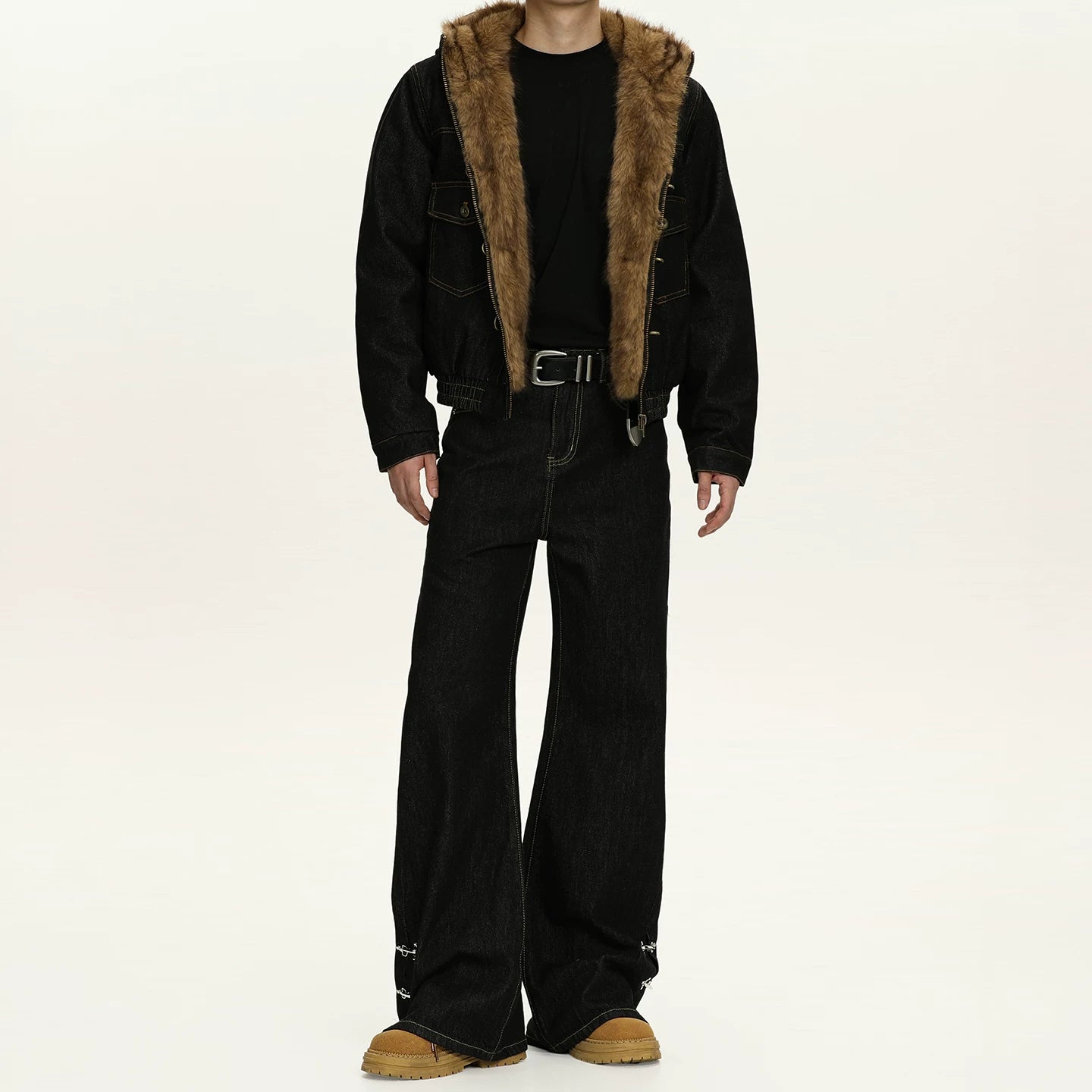 Contrast Stitch Wide Leg Jeans with Lower Fireman Buckle Details