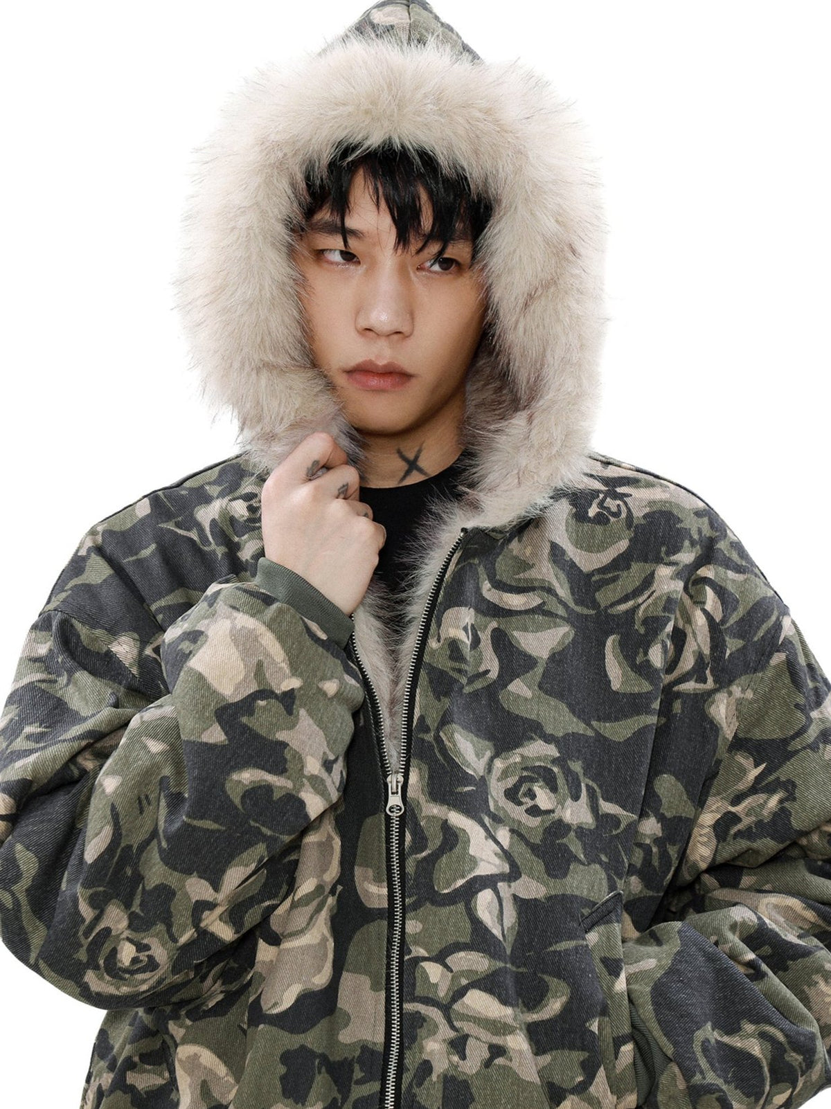 Faux Fur Line Camo Hooded Bomber Jacket