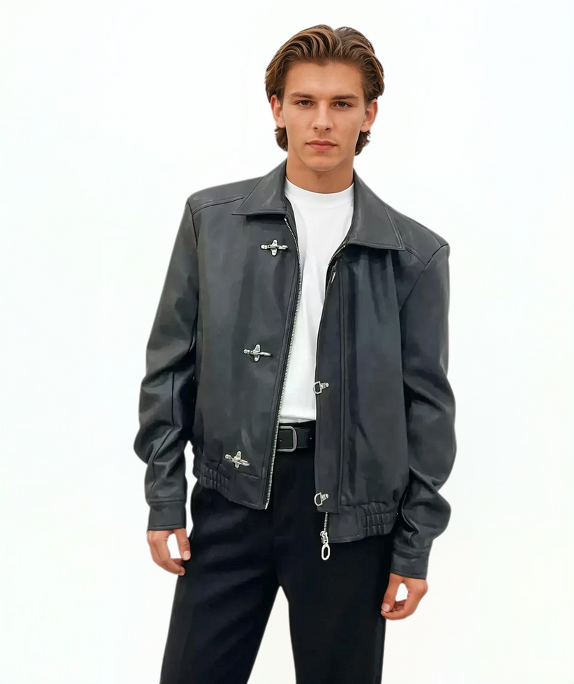 Fireman Clasp-Buckle Faux Leather Collared Jacket