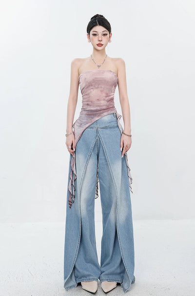 Tie-Dye Ruffled Mesh Tulle Tube Top