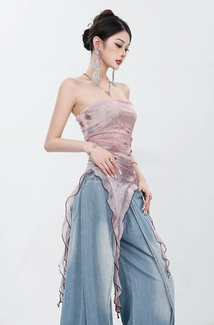 Tie-Dye Ruffled Mesh Tulle Tube Top