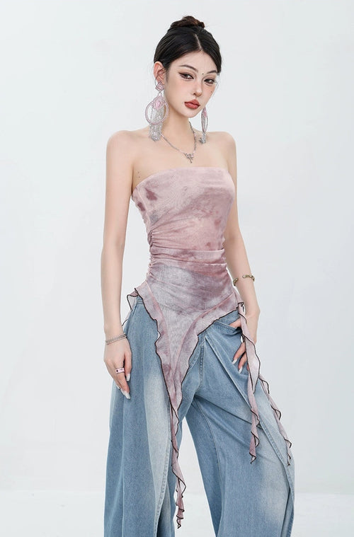 Tie-Dye Ruffled Mesh Tulle Tube Top