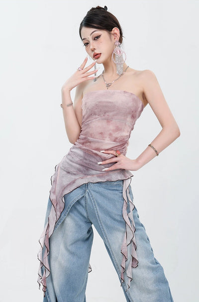 Tie-Dye Ruffled Mesh Tulle Tube Top